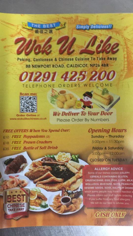 Menu at Wok U Like fast food, Caldicot
