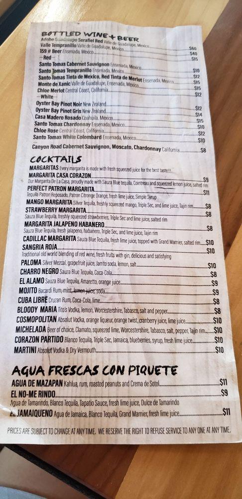 Menu at Casa Corazon Restaurant, Phoenix