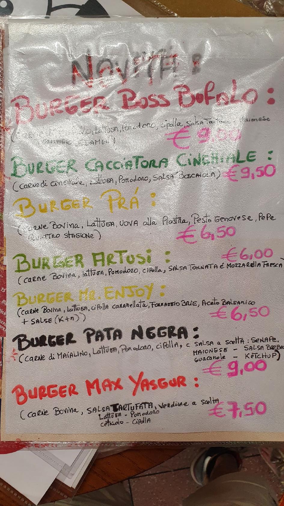 Menu da Enjoy Burger ristorante, Chiavari