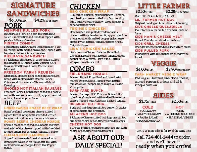Menu at Freedom Farm-to-Fork Kitchen restaurant, Nixon, 795 Pittsburgh Rd