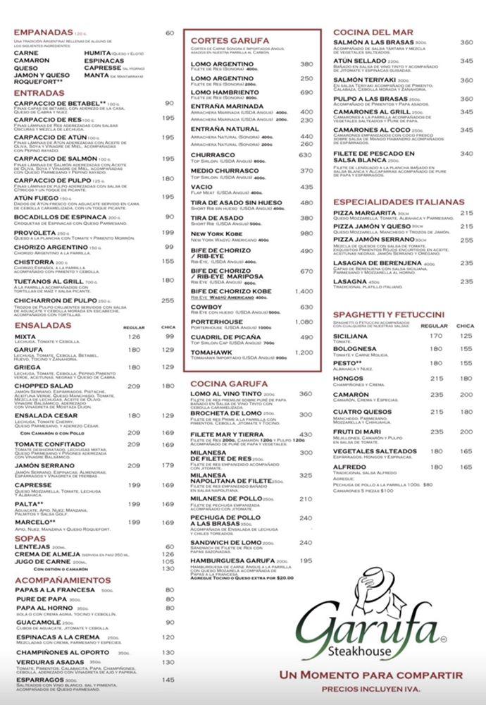 Carta de Garufa Steakhouse, Puerto Peñasco, Paseo Las Olas 6D11