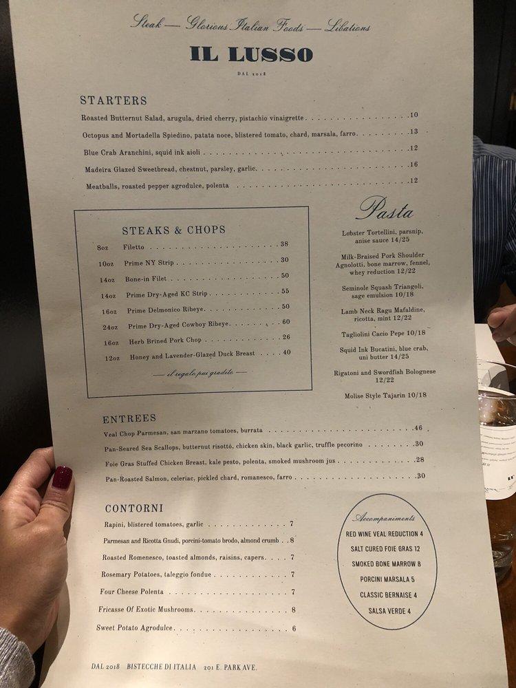 Menu at IL Lusso steakhouse, Tallahassee