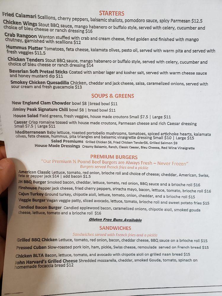 Menu at John Harvard's Brew House pub & bar, Hancock, 37 Corey Rd
