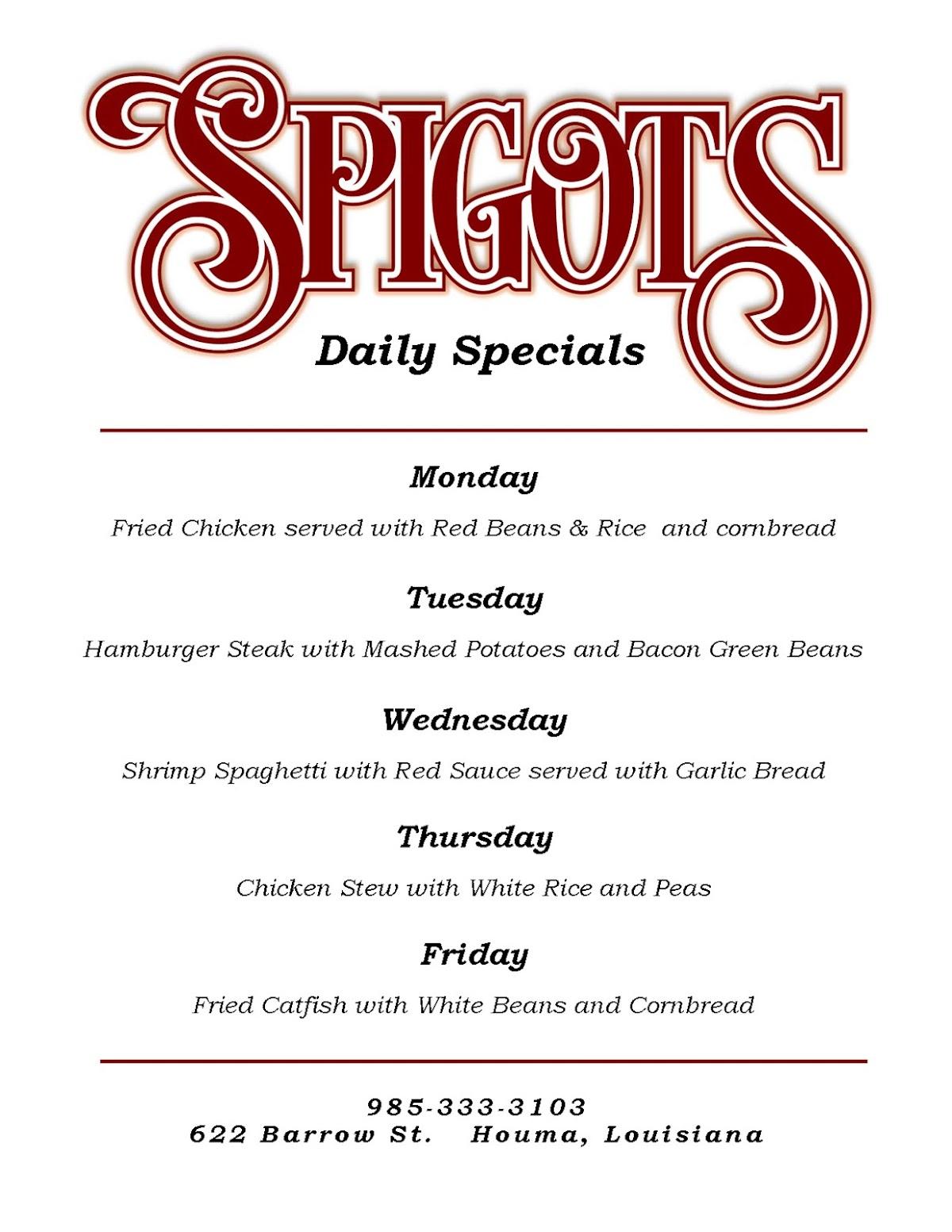 Menu at Spigots Brew Pub, Houma