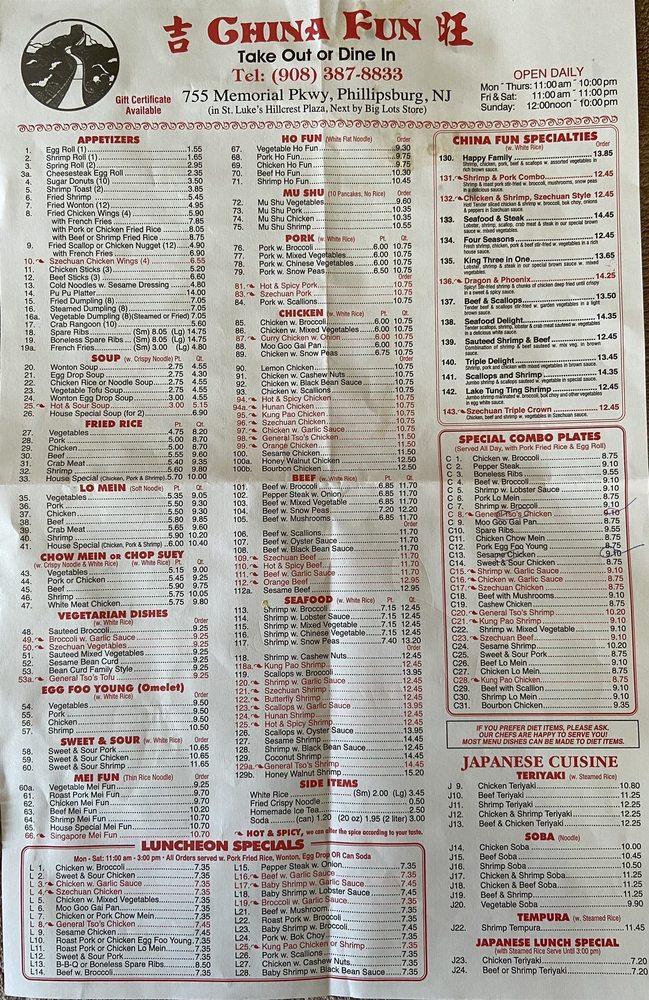 Menu at China Fun restaurant, Phillipsburg