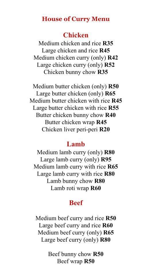 Menu at House Of Curry restaurant, Grahamstown
