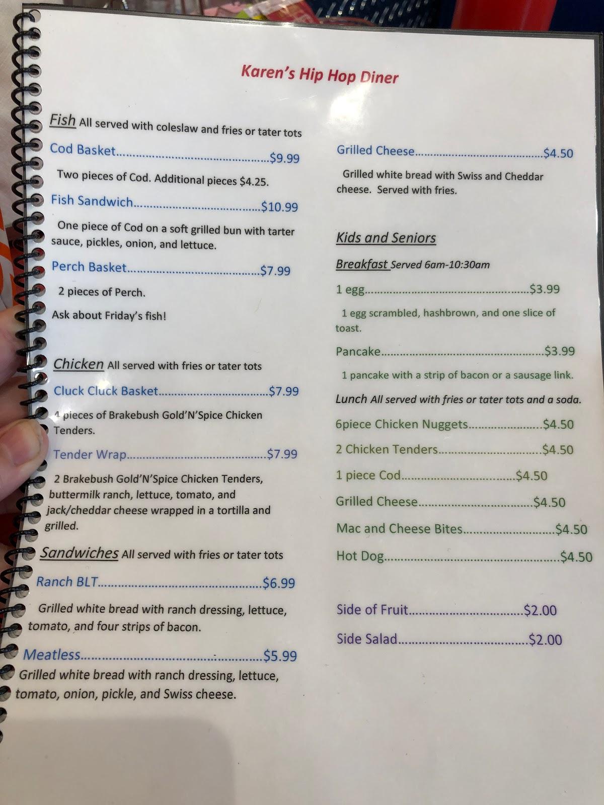 Menu at Karen's Hip Hop Diner restaurant, Fox Lake