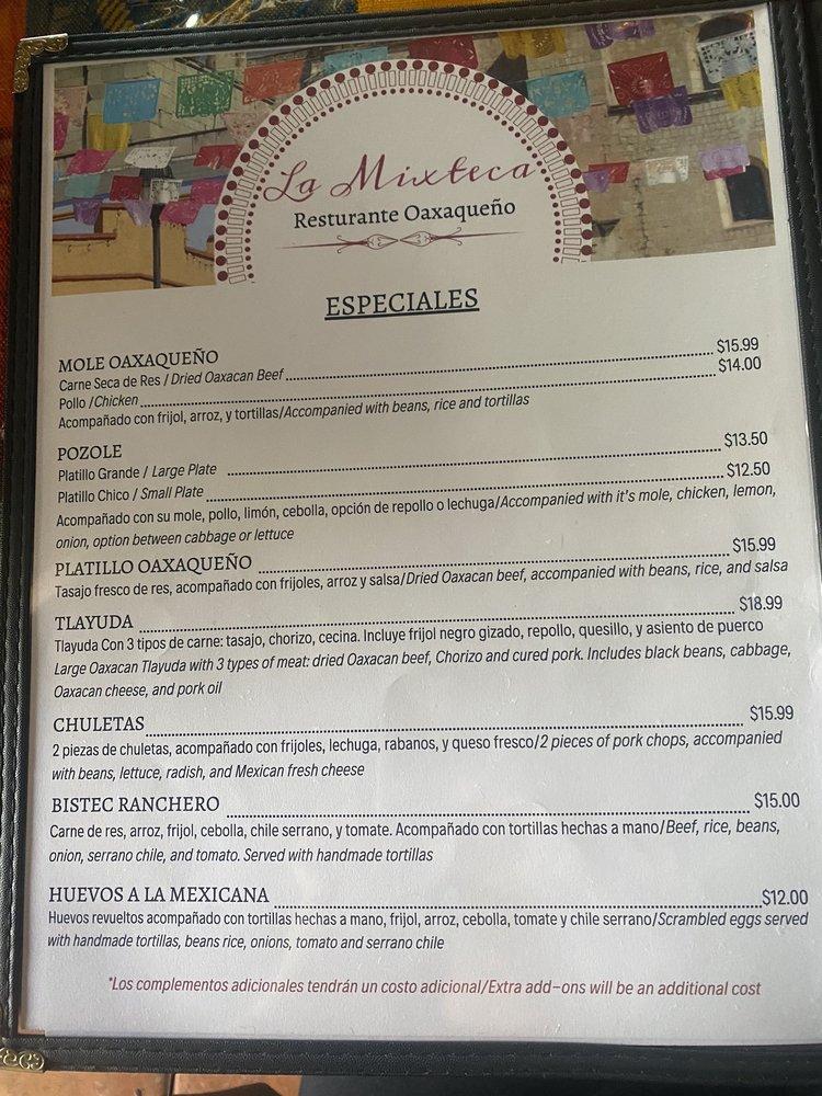Carta de La Mixteca Restaurante Oaxaqueño, Oxnard