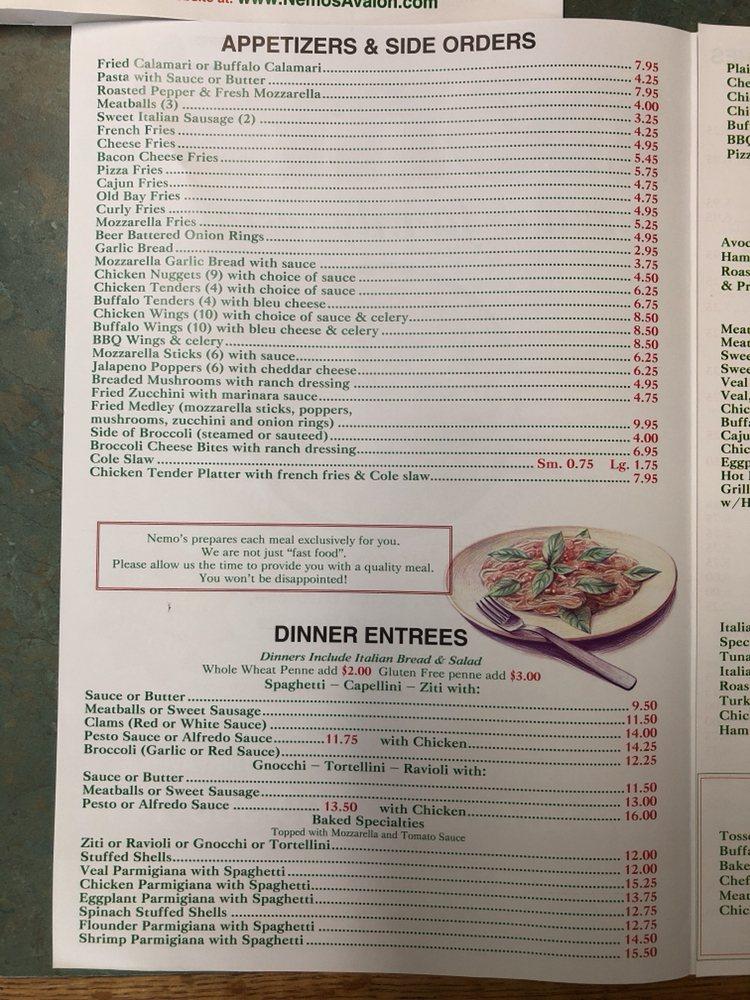 Menu at Nemo's Pizza & Family Restaurant, Avalon