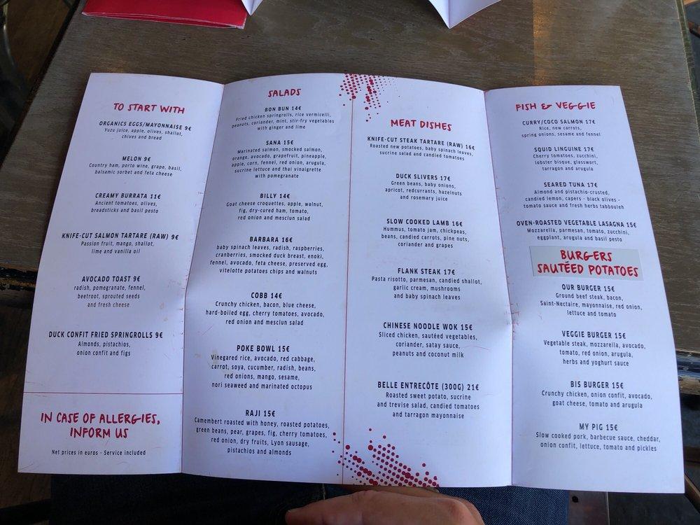 Menu at Rouge Bis pub & bar, Paris