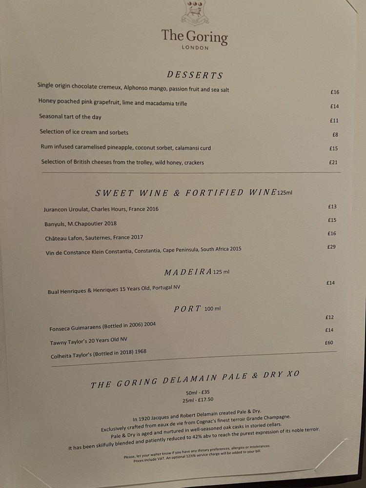 Menu at The Goring Dining Room restaurant, London