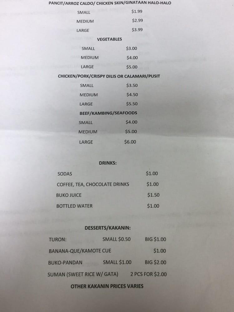 Menu at BTR Pinoy Restaurant, Long Beach