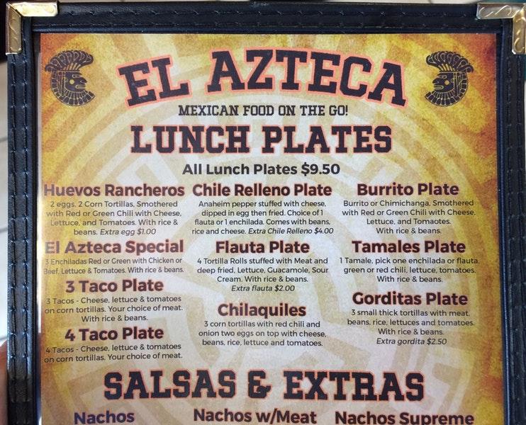 Menu at El Azteca restaurant, Minot