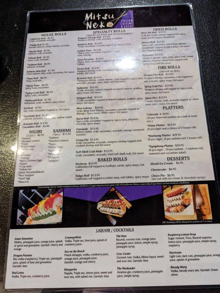 Menu at Mitsu Neko Fusion Cuisine & Sushi restaurant, Branson