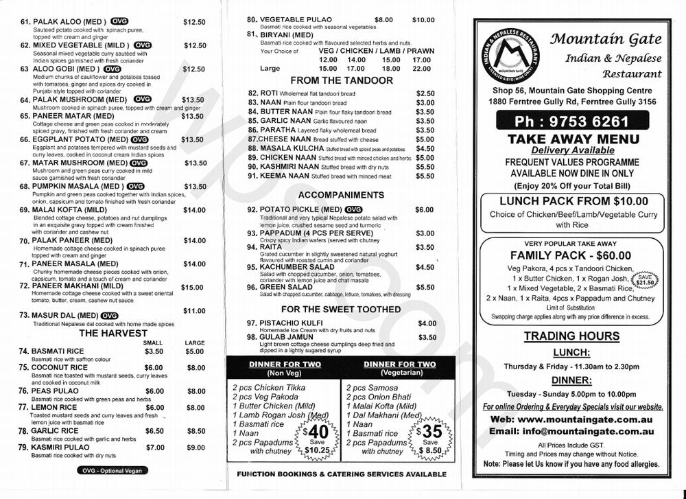 Menu at Mountain View Chinese Restaurant, Tecoma