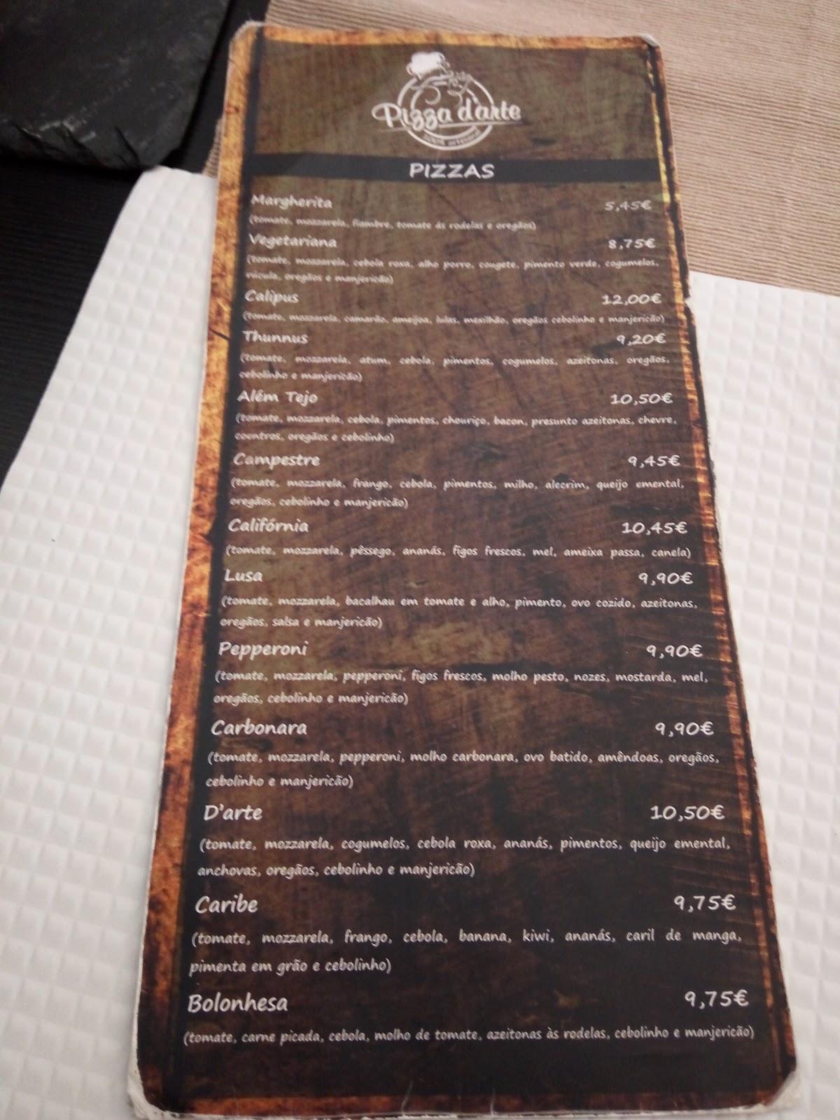 Menu at Pizza D'Arte restaurant, Barreiro