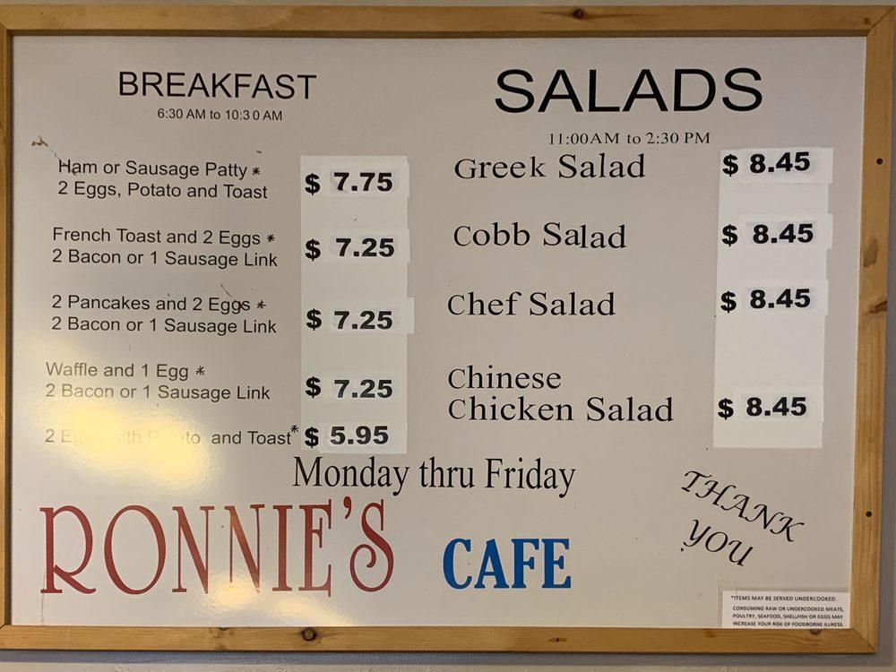 Menu at Ronnie's Cafe, Glendale