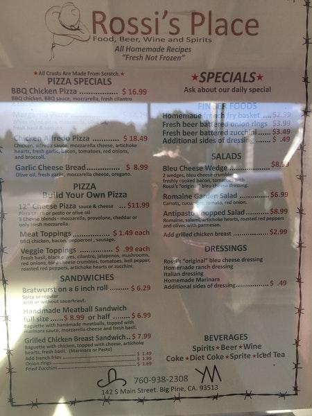 Menu at Rossi's Place pub & bar, Big Pine