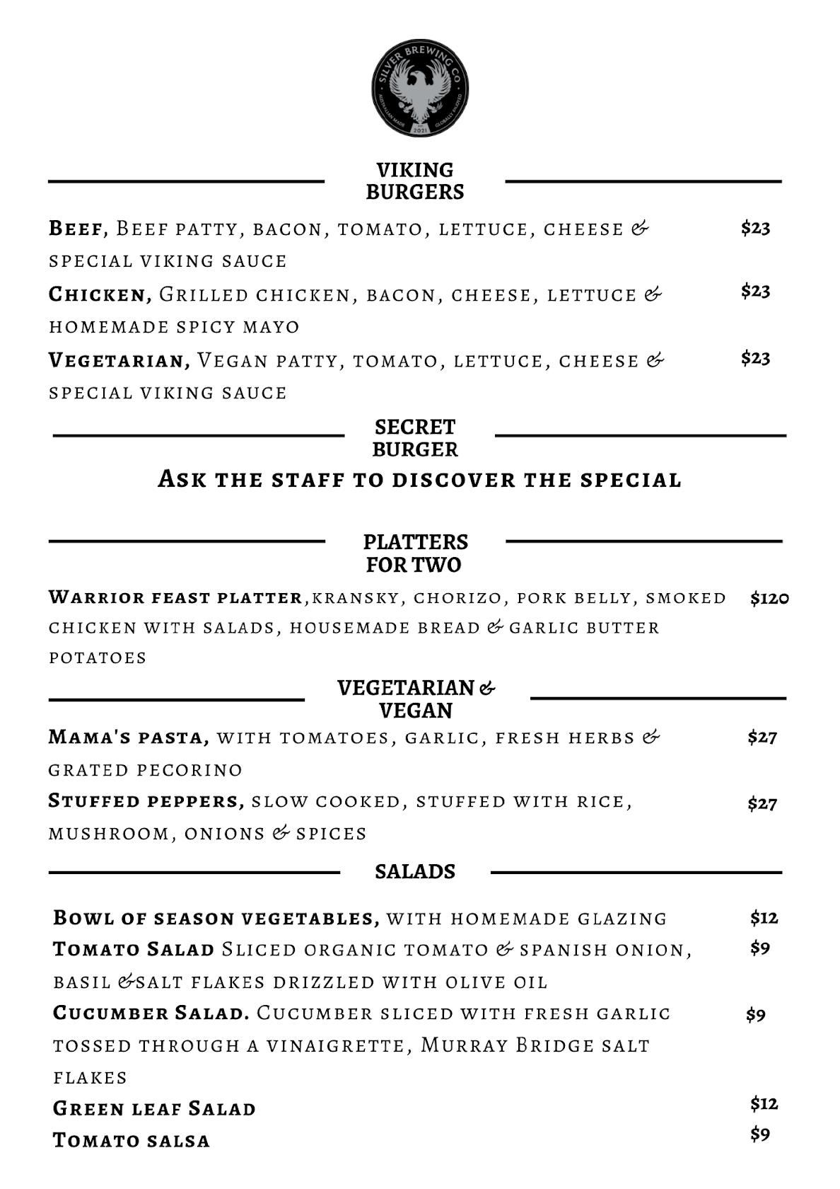 Menu at Silver Brewing Co restaurant, Adelaide