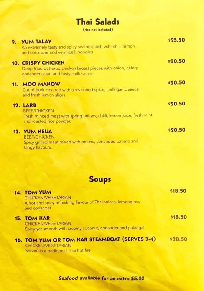 Menu at Thai Crom restaurant, Alexandra