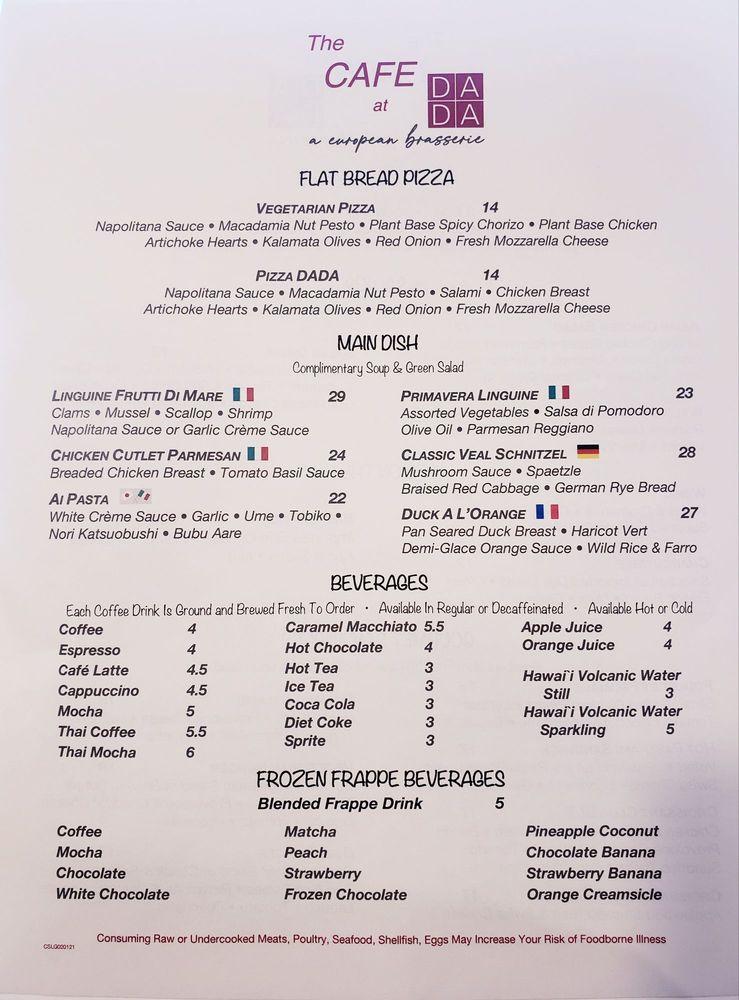 Menu at The Café at DaDa cafe, Honolulu