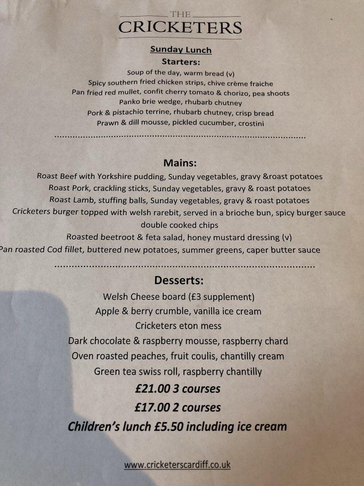 Menu at The Cricketers pub & bar, Cardiff
