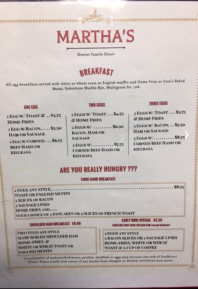 Menu at Martha's Diner restaurant, Dracut