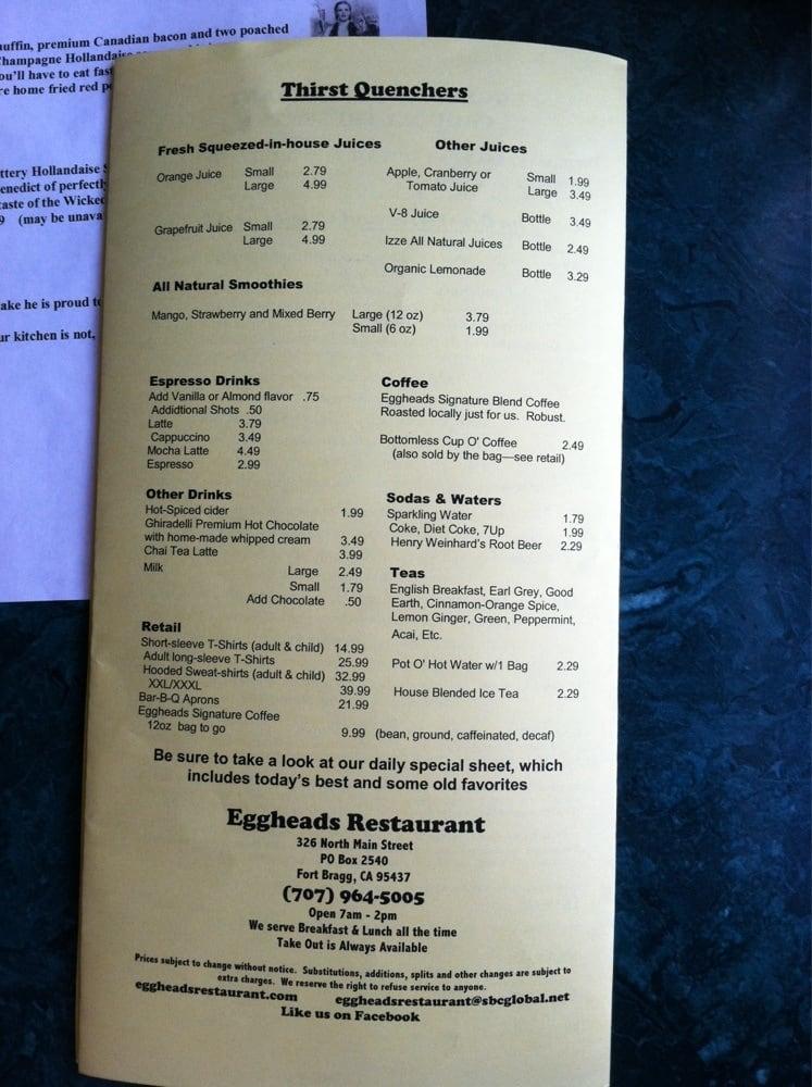 Menu at Egghead's Restaurant, Fort Bragg