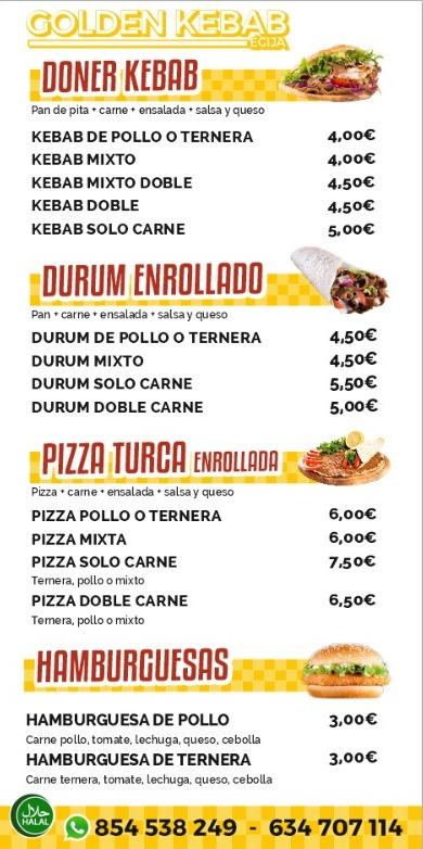 Carta del restaurante Golden Kebab Écija, Écija