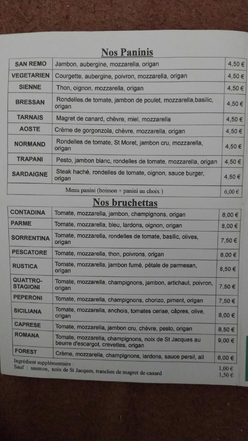 Menu au La Pizzaiola restaurant, Labastide-Rouairoux