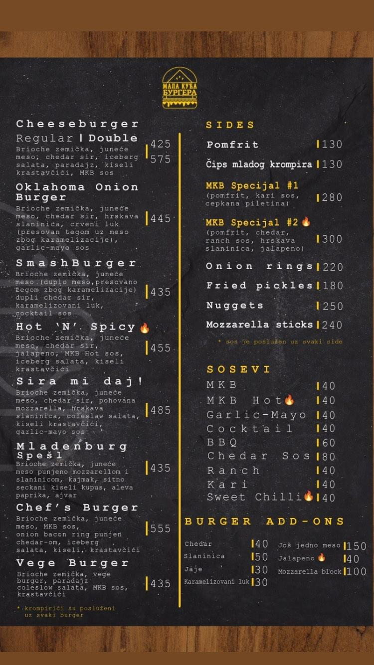 Carta del restaurante Mala Kuća Burgera, Mladenovac