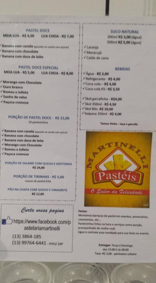 Menu at Martinelli Pasteis cafeteria, Jacupiranga