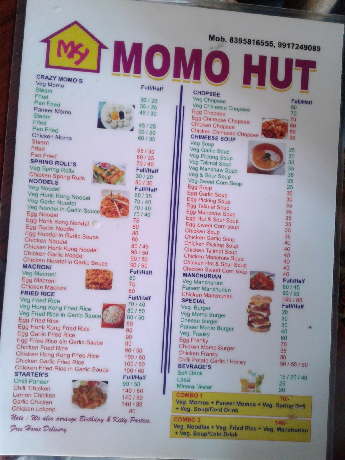 Menu at Momo Hut, Bareilly