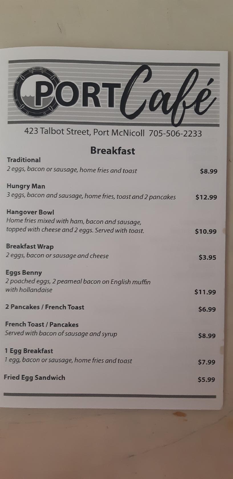Menu at Port Cafe, Port McNicoll