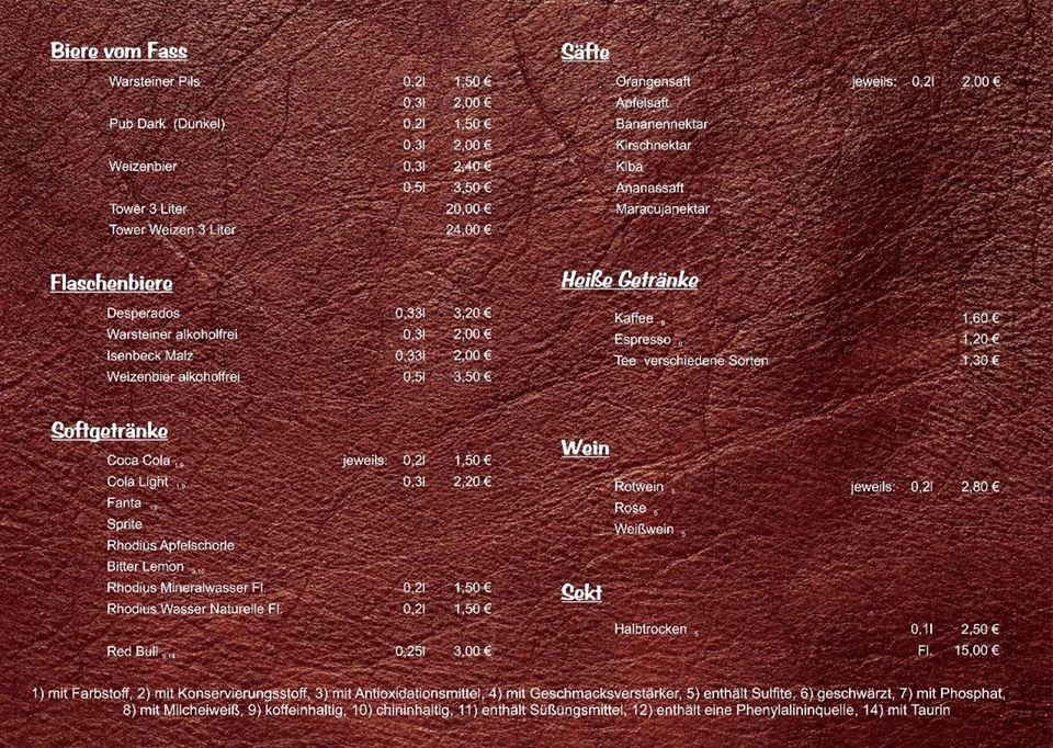 Menu at Pub of Tower Ulmen, Ulmen