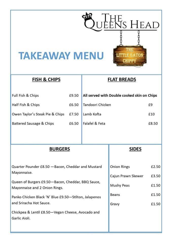 Menu at The Queens Head Little Eaton pub & bar, Derby, The Queens Head