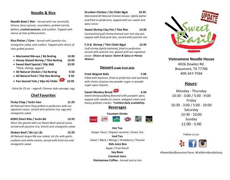 Menu at Sweet Basil Vietnamese Noodles restaurant, Beaumont