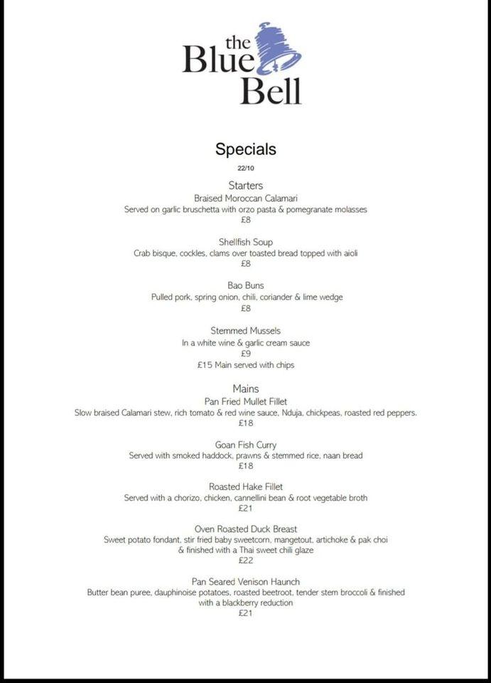 Menu at The Blue Bell Bistro pub & bar, New Quay