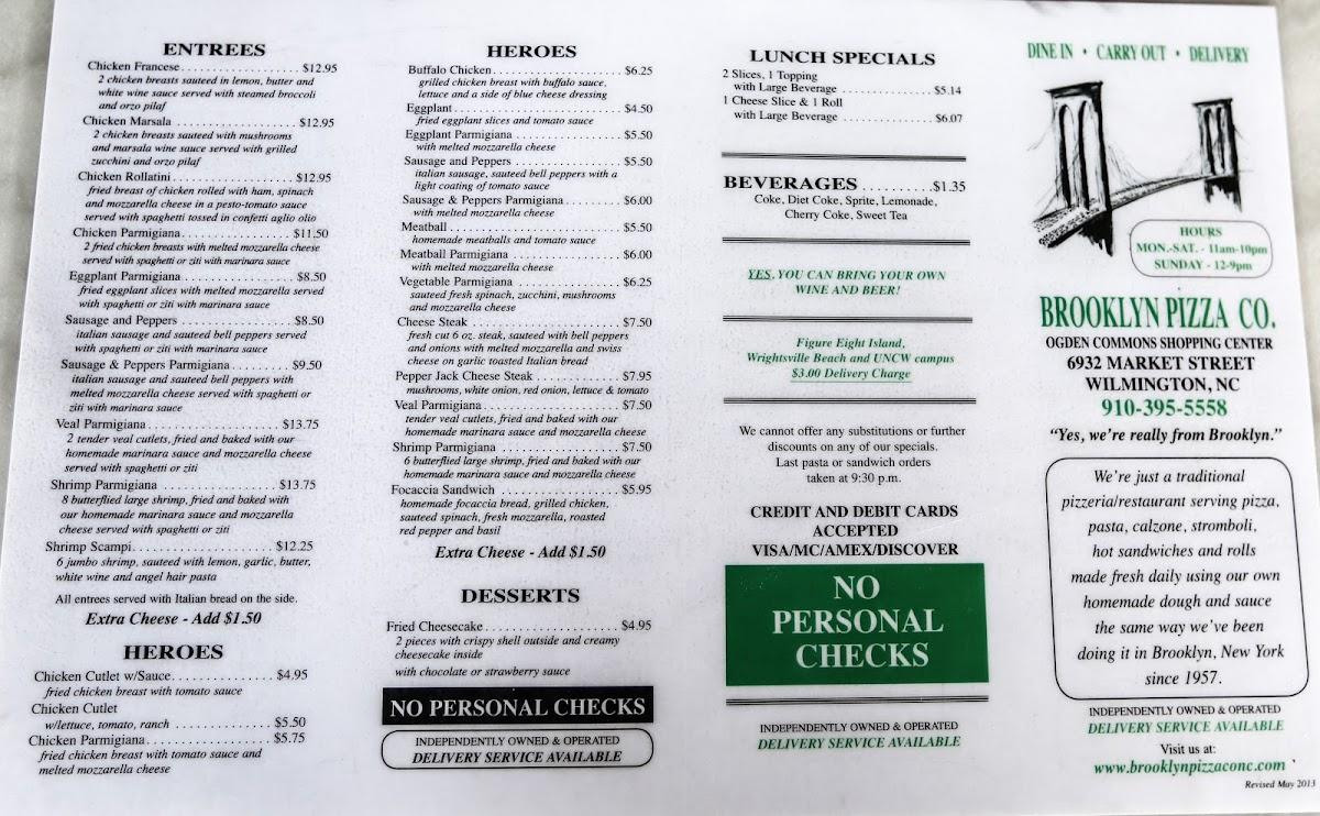 Menu at Brooklyn Pizza Co. pizzeria, Wilmington, Market St