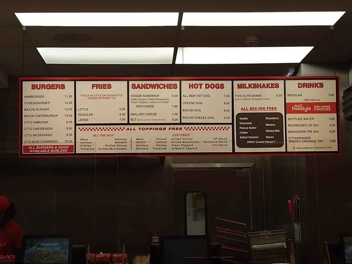 Menu at Five Guys restaurant, Vienna, Graben 30