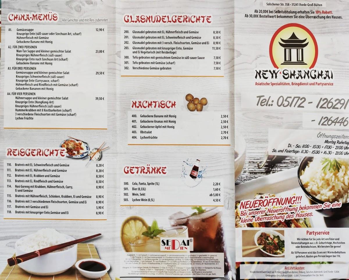 Menu at New Shanghai restaurant, Ilsede