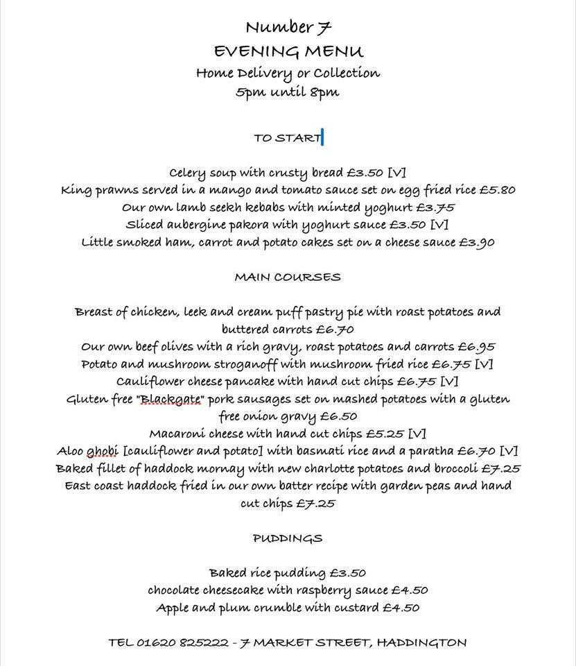 Menu at Number 7 restaurant, Haddington