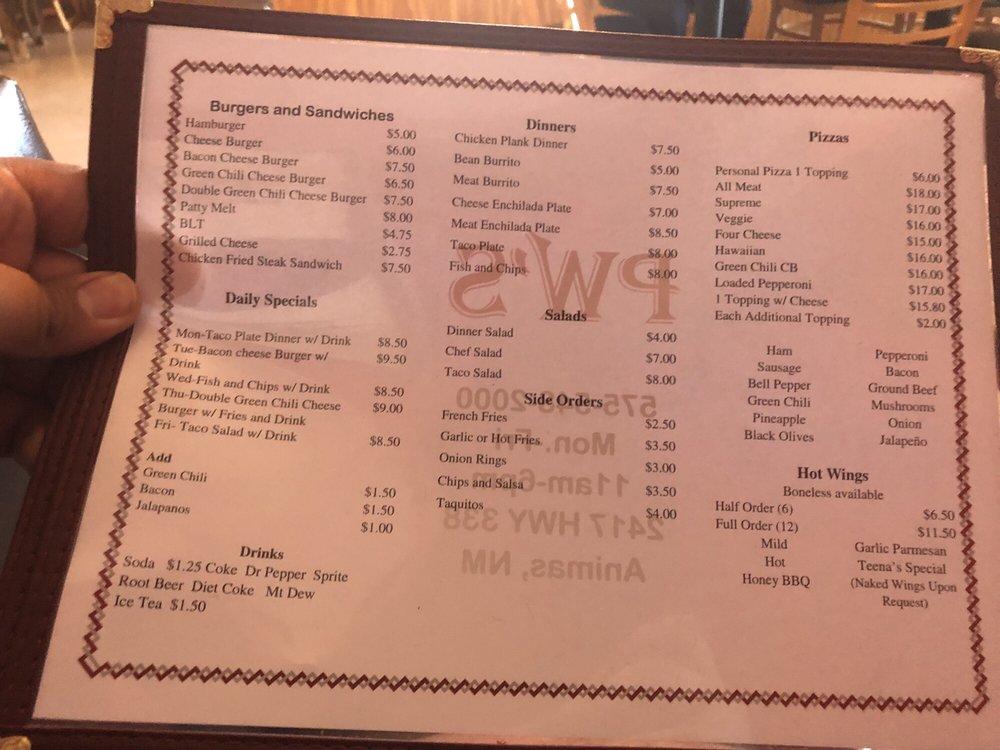 Menu at PW’s restaurant, Animas
