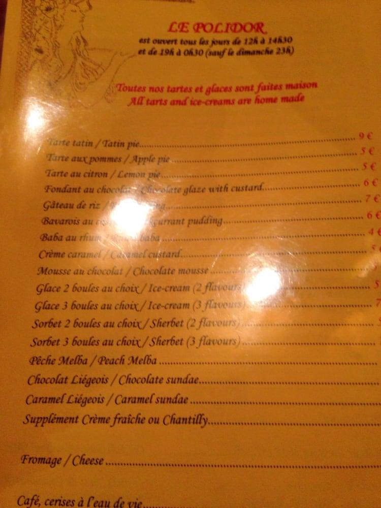 Menu at Polidor restaurant, Paris, 41 Rue Monsieur le Prince
