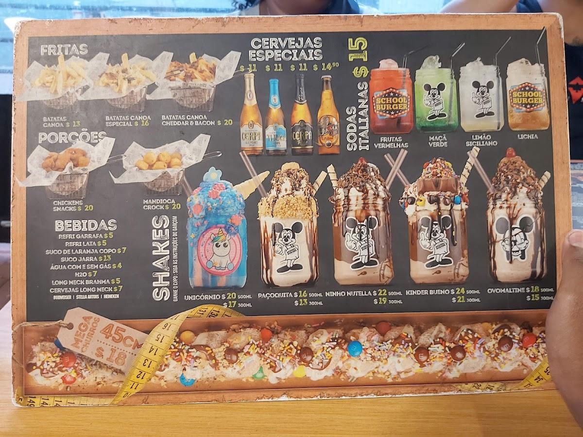 Menu at School Bus Burger restaurant, Piracicaba
