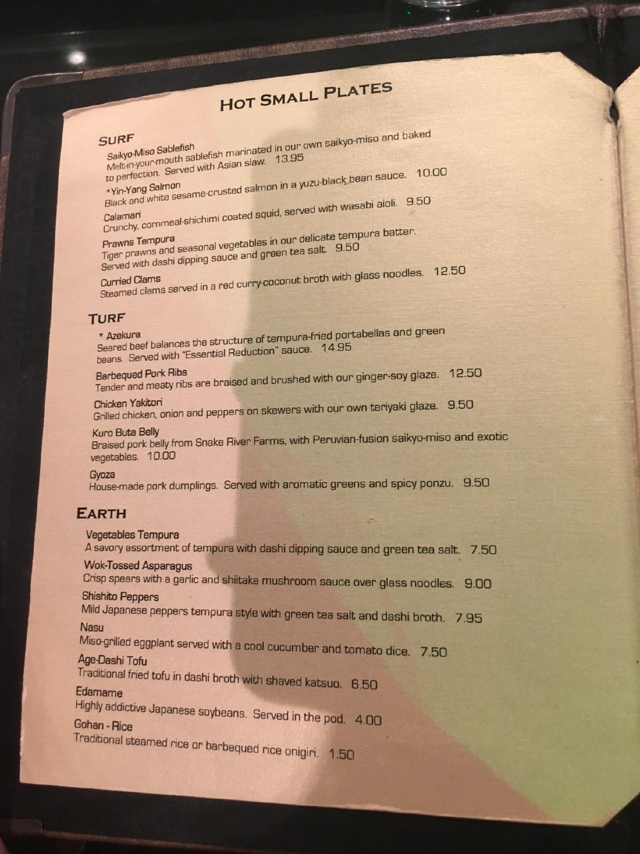 Menu at Takashi restaurant, Salt Lake City