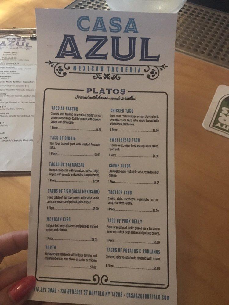 Menu at Casa Azul restaurant, Buffalo, 191 Allen St