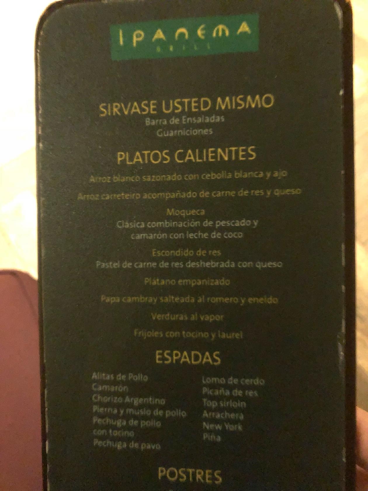 Menu at Ipanema restaurant, Cancún, Boulevard Kukulkan No.14.5