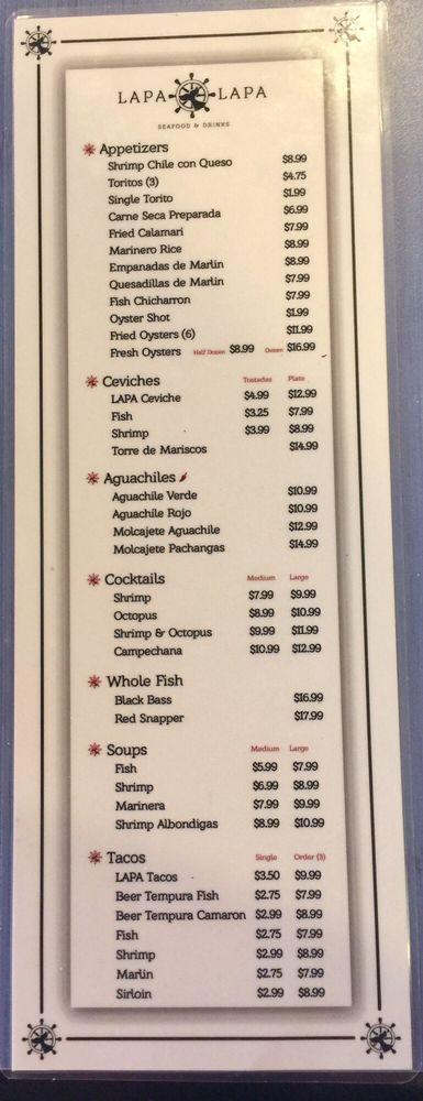 Menu at Lapa Lapa Seafood & Drinks restaurant, El Paso, 500 Thorn Ave