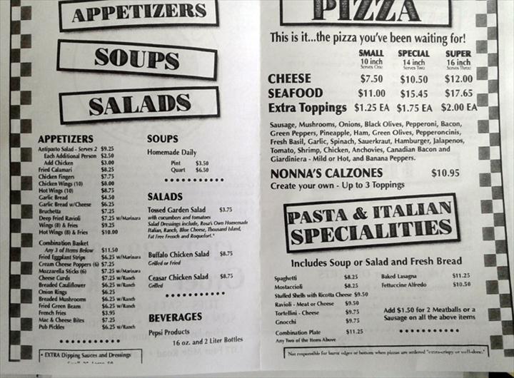 Menu at Nonna's Pizzeria, Racine